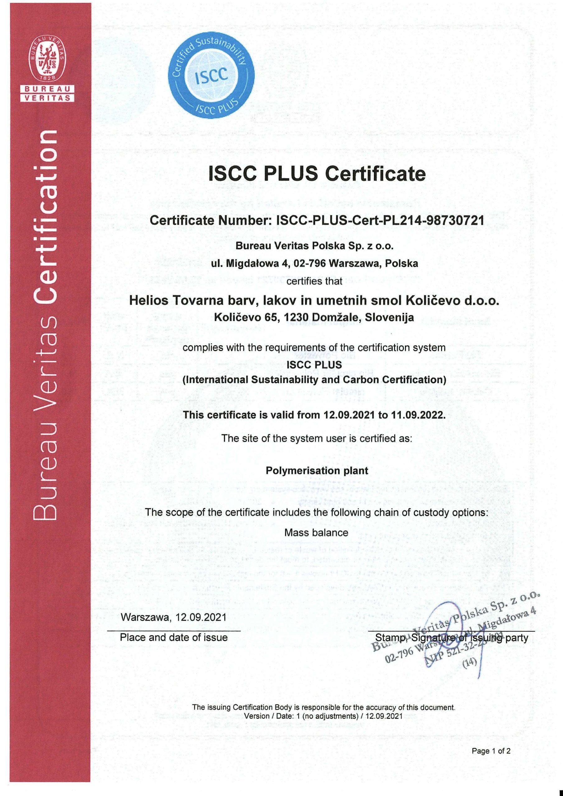 Certified by ISCC Plus - HELIOS RESINS